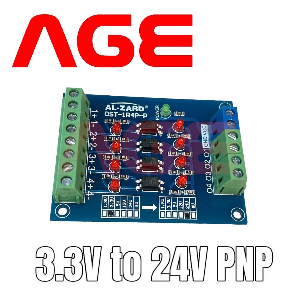 DST-1R4P-P บอร์ดแปลงแรงดันไฟฟ้า PLC แบบแยก 4 ช่อง 3.3VDC เป็น 24VDC PNP ...