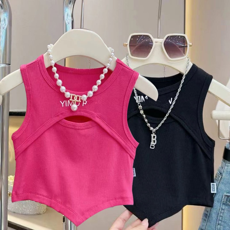 Clemine เสื้อครอปแขนกุดสีพื้นสําหรับเด็กผู้หญิง 0-6 ปีฤดูร้อนสาวสีทึบ ...