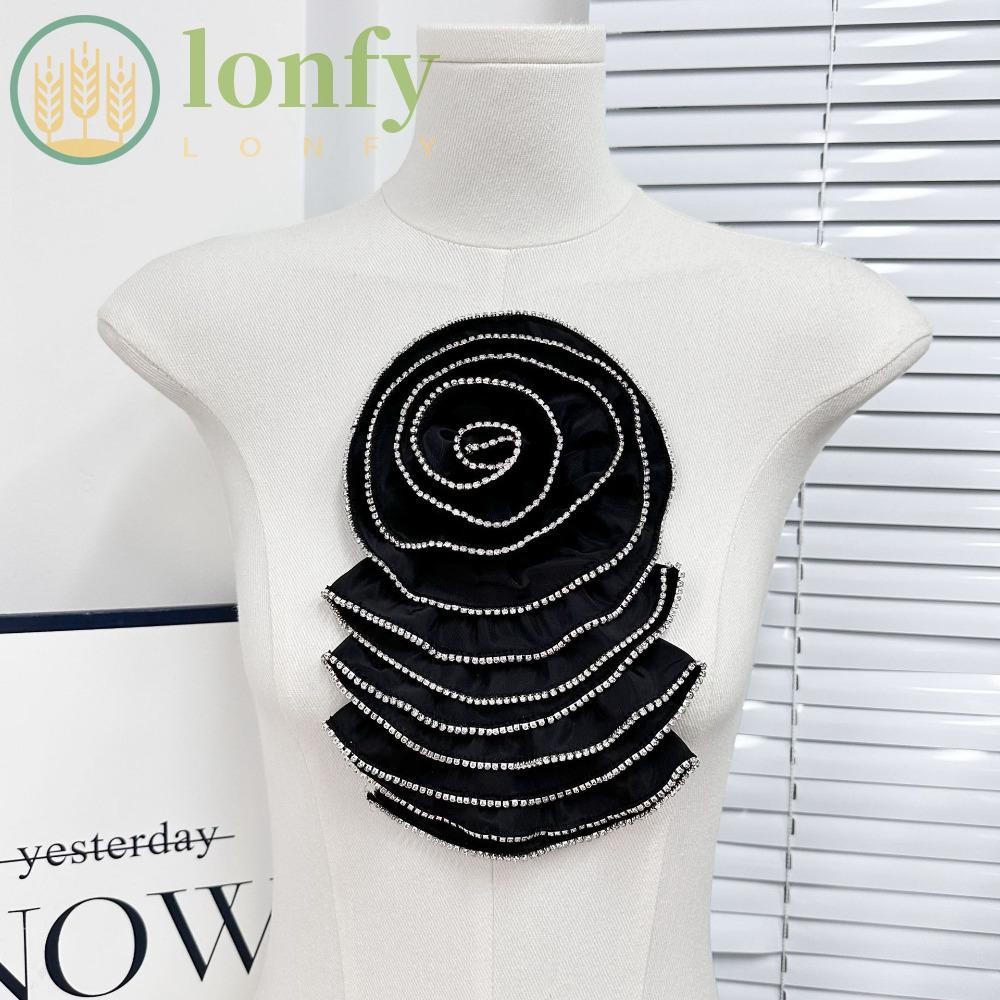 Lonfy หน้าอกดอกไม้เสื้อผ้าแพทช์, Rhinestone Multi-layer ดอกไม้ Appliques, DIY ซาตินผ้าสีดําสีขาว ...