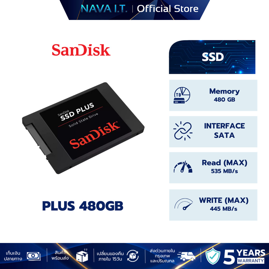 SANDISK SSD SATA PLUS 480GB R/W 535/445MB/s (SDSSDA-480G-G26) เอสเอสดี ...