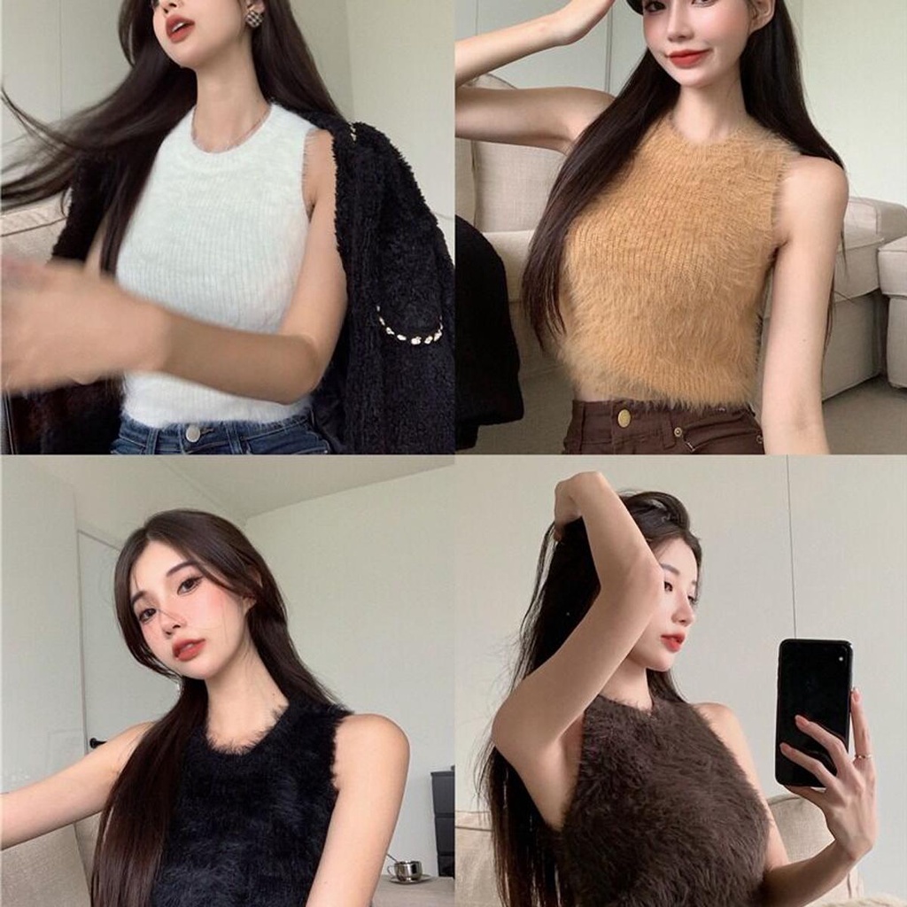 🌻Lune_Grace🌻Z044#เสื้อครอปไหมพรม แขนกุดผ้านุ่มไม่บางไส่สบาย กระซับสัดส่วน สไตล์Y2K | Shopee Thailand