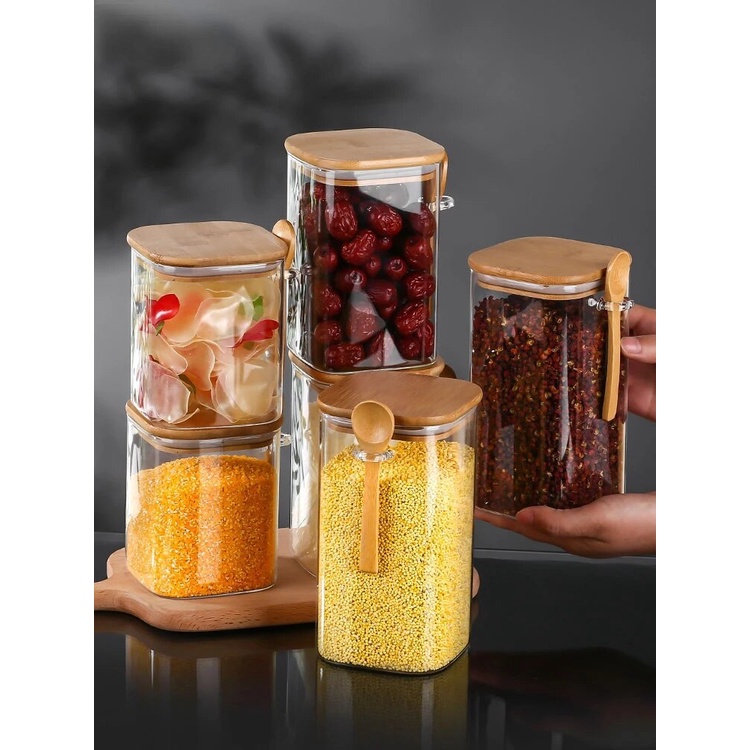 Transparent Glass Jar with Wooden Lid Spoon Square Tea Coffee Bean ...