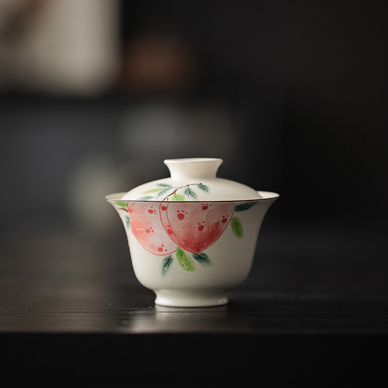 Shajifeng Powder แนะนําชุดชาสโตนแวร์ Gaiwan สีพาสเทลมือวาดชาพีชชามถ้วย ...