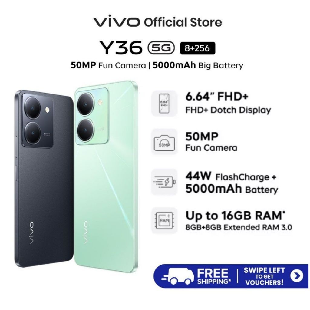 Vivo Y36 5G สมาร์น, RAM 8GB + ROM 256GB, หน้าจอ 6.64 นิ้ว, แเตอรี่ ทนทาน, กล้อง 50MP, ของแท้2.11 ...