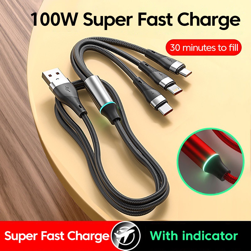 Marjay 3-in-1 สายชาร์จไนล่อนถักเปีย ชาร์จเร็ว พร้อมไฟ 100W | Shopee ...