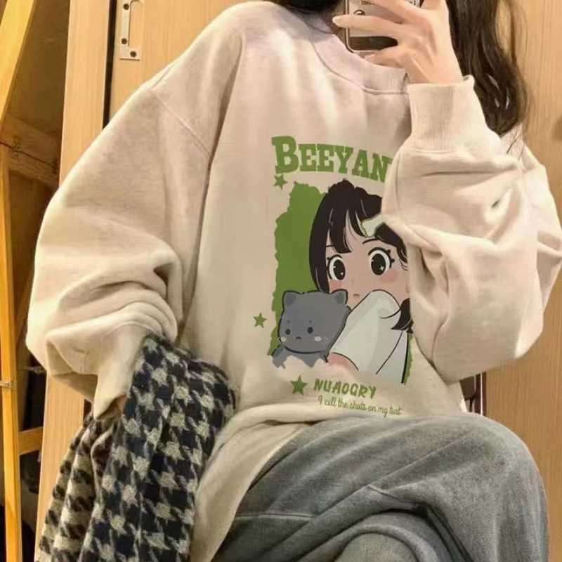 Lhj เสื้อกันหนาวลําลอง แขนยาว คอกลม มีฮู้ด พิมพ์ลายการ์ตูน ทรงหลวม ...