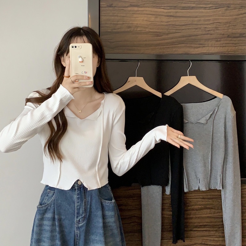 【WANG JIAO ZHAN】 เสื้อคอวีแขนยาว ผ้าถัก ทันสมัยและมีสไตล์สำหรับผู้หญิง ...