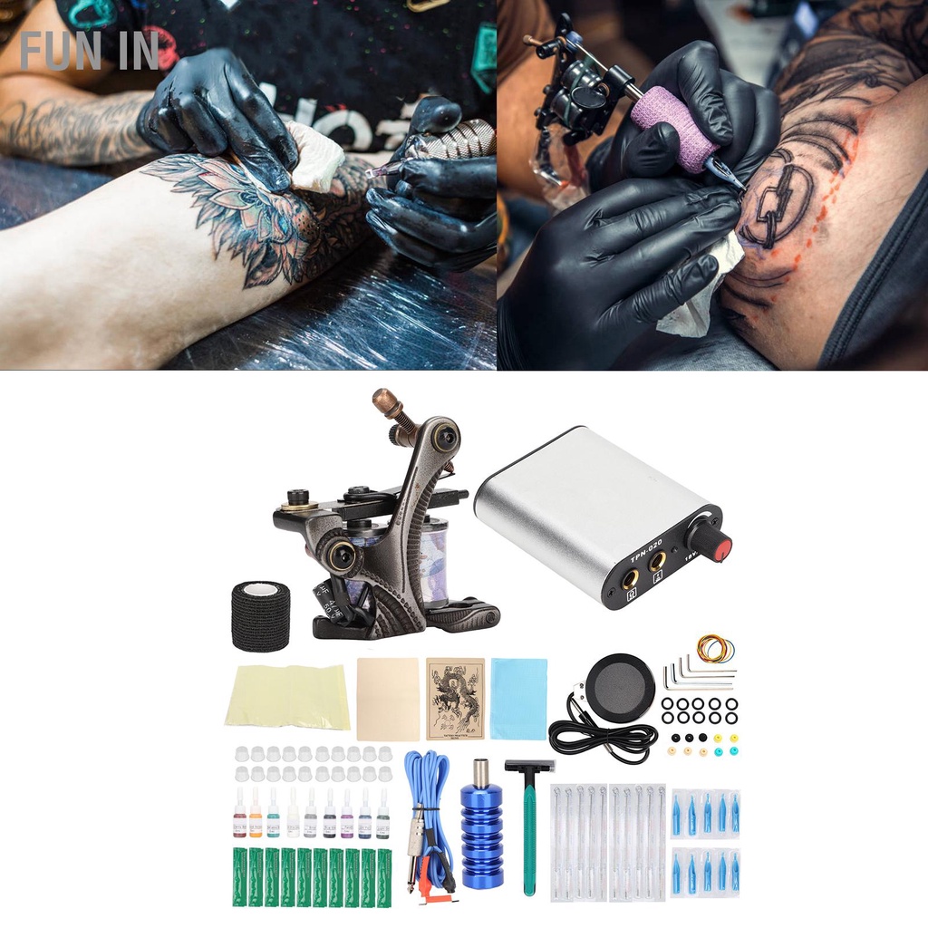 Fun IN 10 Wraps Tattoo Coil Machine Kit Mini Power Supply ชุดเครื่องสัก ...