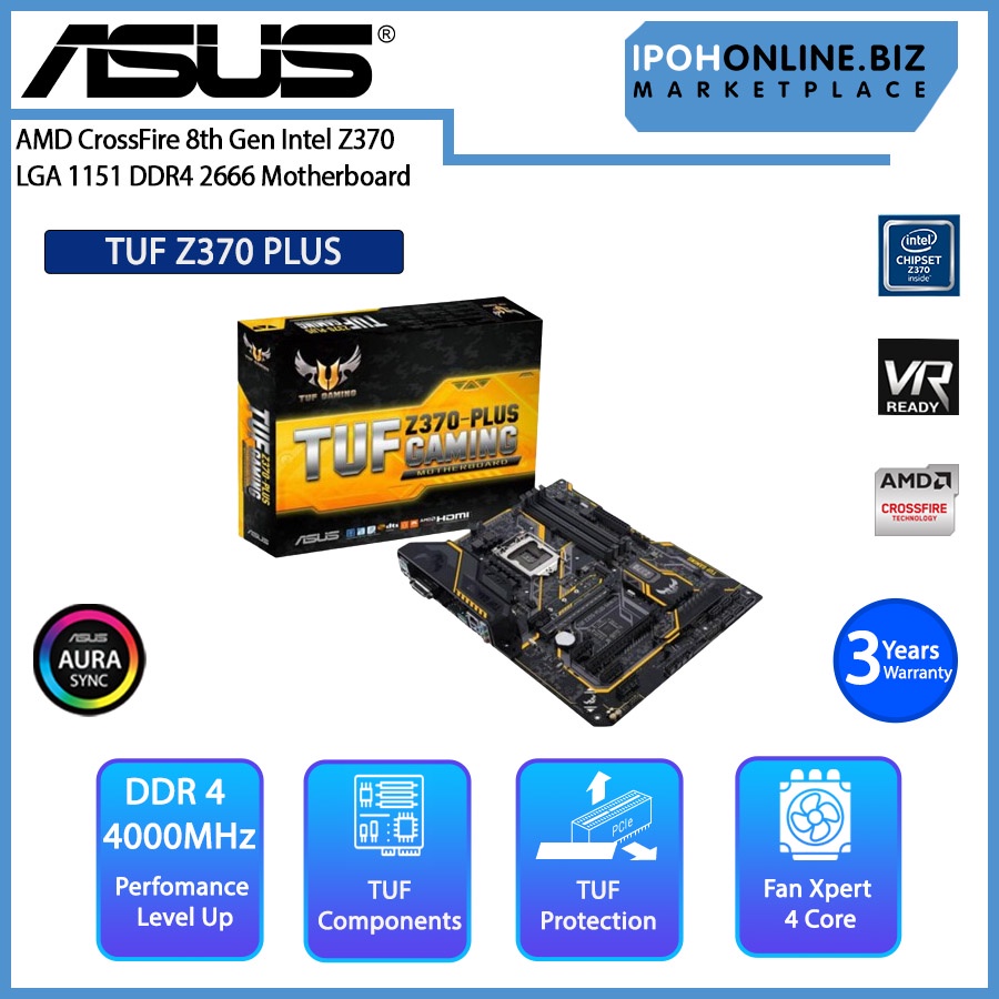 เมนบอร์ดเล่นเกม ASUS TUF Z370 PLUS AMD CrossFire 8th Gen Intel Z370 LGA ...