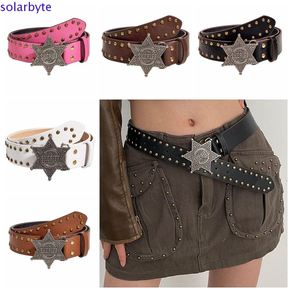 Solarbyte Star เข็มขัดหนัง PU, Rivet หัวเข็มขัดโลหะ Y2k สไตล์เข็มขัดเอว, Punk กว้างด้านข้าง ...