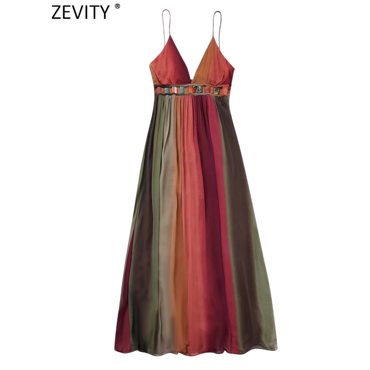Zevity ผู้หญิงเซ็กซี่ V คอสีสันลายพิมพ์เอวหินออกแบบชุดสลิงหญิง Chic ...