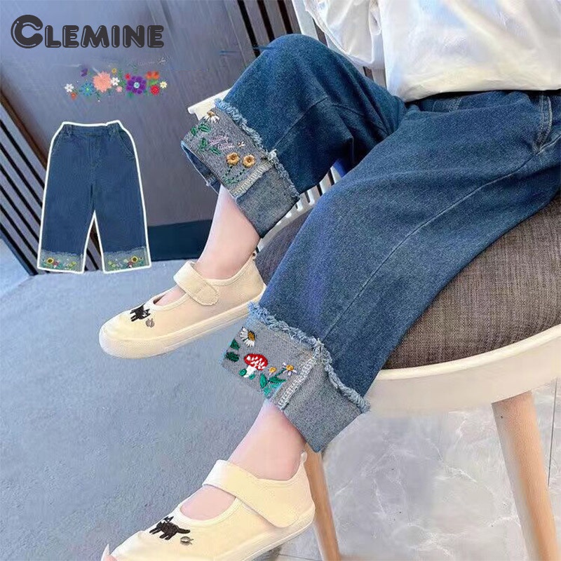 Clemine กางเกงยีนส์ขายาวสําหรับเด็กผู้หญิง ขากว้าง เย็บปักลาย กางเกงยีน ...