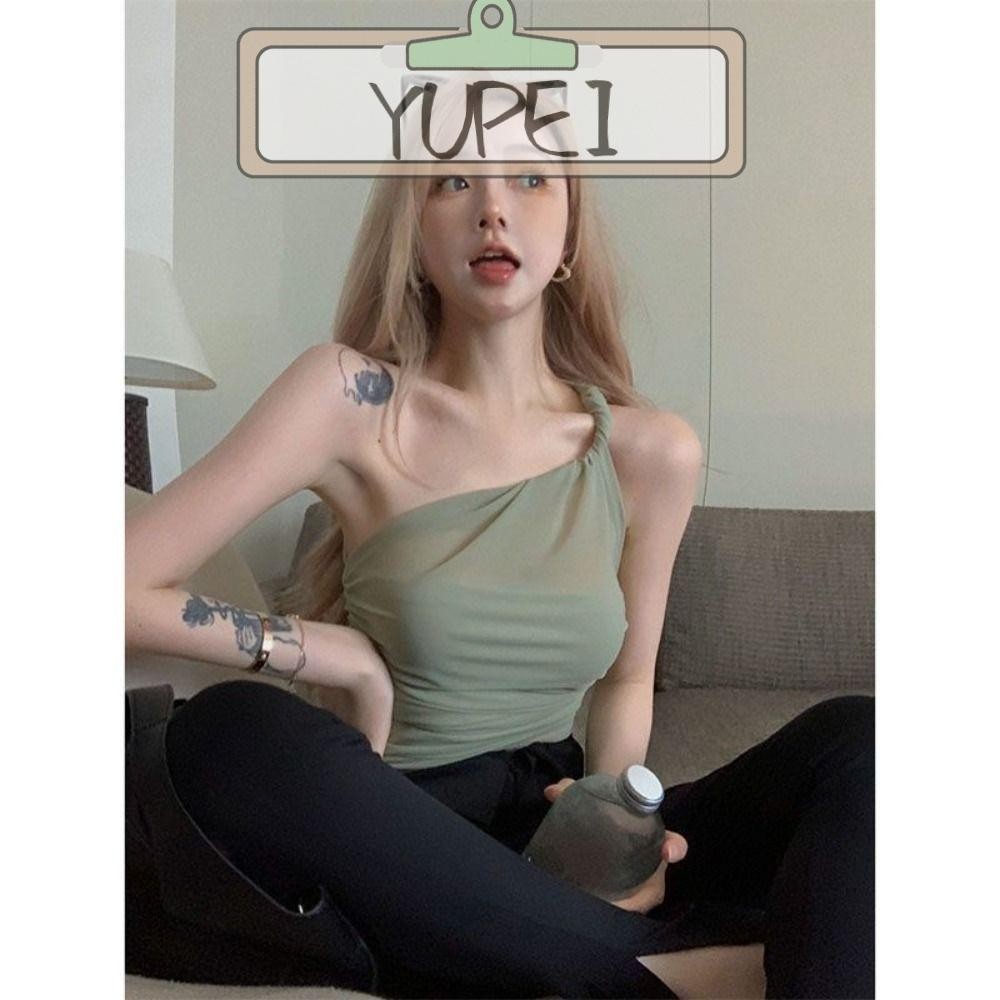 Yupei เสื้อยืด, เสื้อกล้ามเปลือยสีทึบ, ผู้หญิงแขนกุดหดคอ | Shopee Thailand