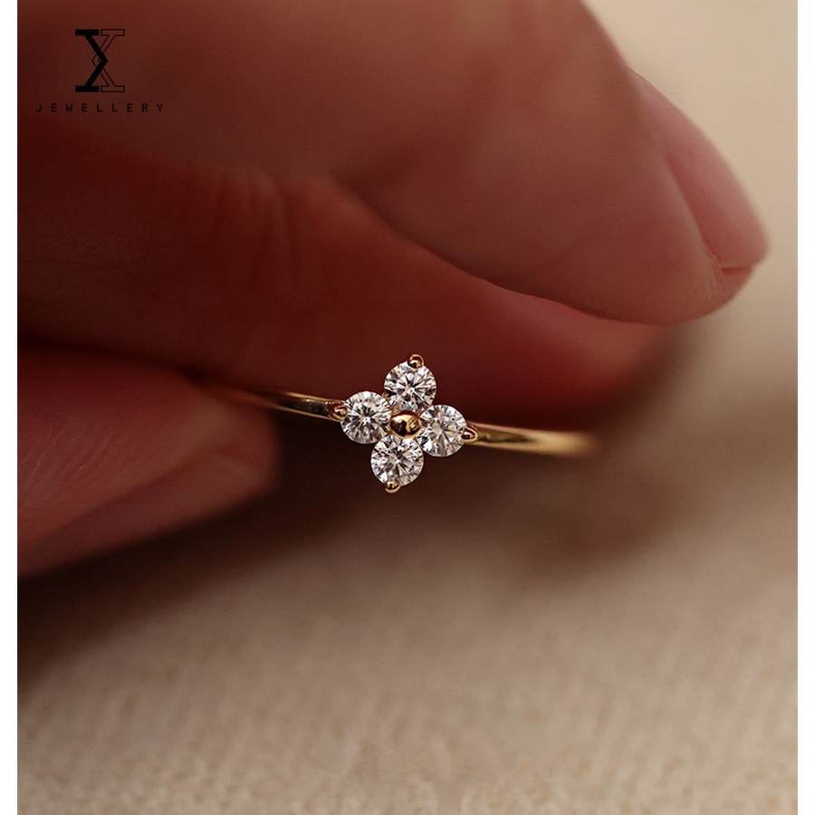 แหวนเงินแท้ เกรด S925 100% รูปใบโคลเวอร์สี่แฉก ประดับเพชร สามารถปรับได้ เข้ากับทุกการแต่งกาย ...