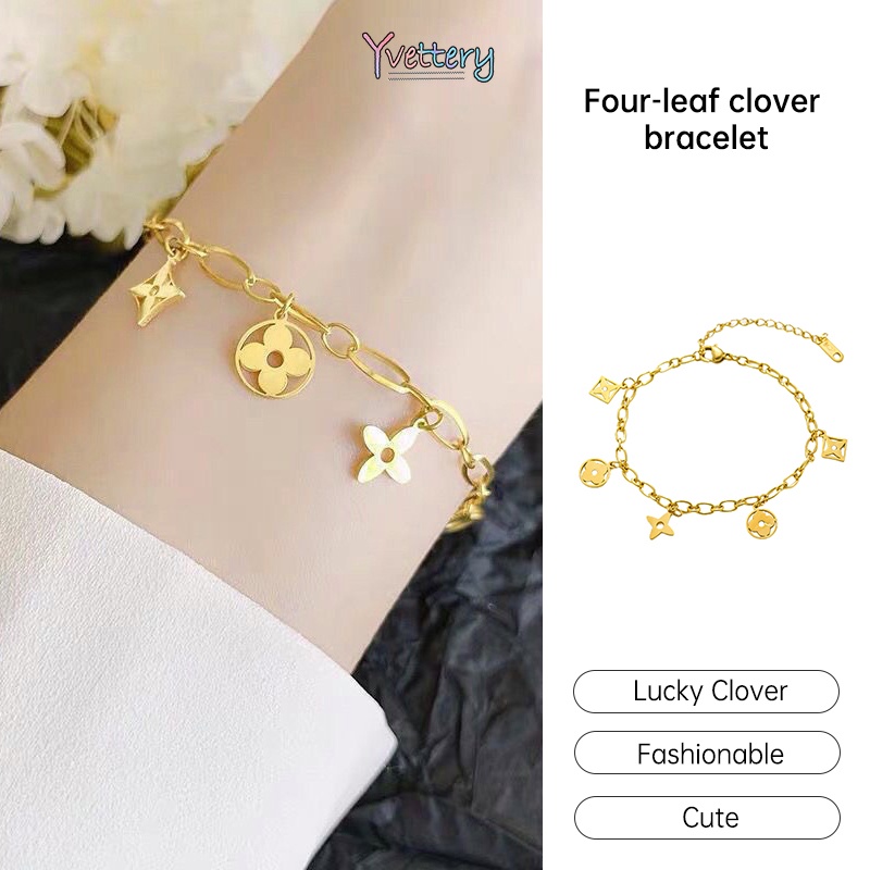 ราคาถูก-แสงหรูหราไทเทเนียมเหล็กสร้อยข้อมือ Clover ทองกลวงออกสร้อยข้อมือ ...