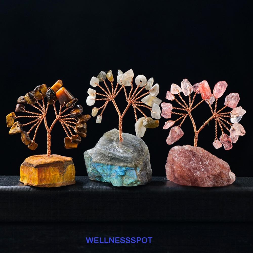 Wellnessspot คริสตัล Lucky Tree, มินิหินคริสตัลธรรมชาติ, ลวดทองแดงห่อที่สวยงามด้วยฐานหินดิบ ...