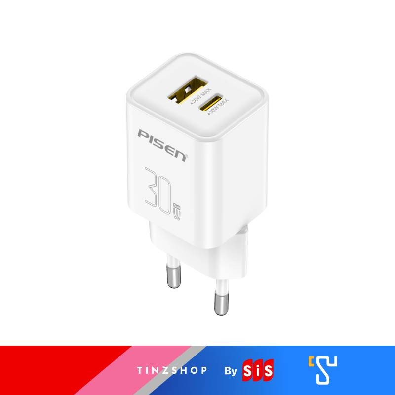 [Tinzshop]PISEN Fast Charger 30W GaN Tech (2 พอร์ต) Type-C 1 port และ Type-A 1 port หัวชาร์จเร็ว ...