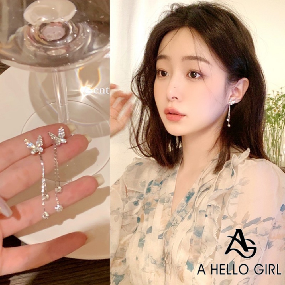A Hello Girl ต่างหู รูปผีเสื้อ ดอกไม้ ประดับเพชรเทียม ขนาดเล็ก สไตล์เกาหลี สําหรับผู้หญิง