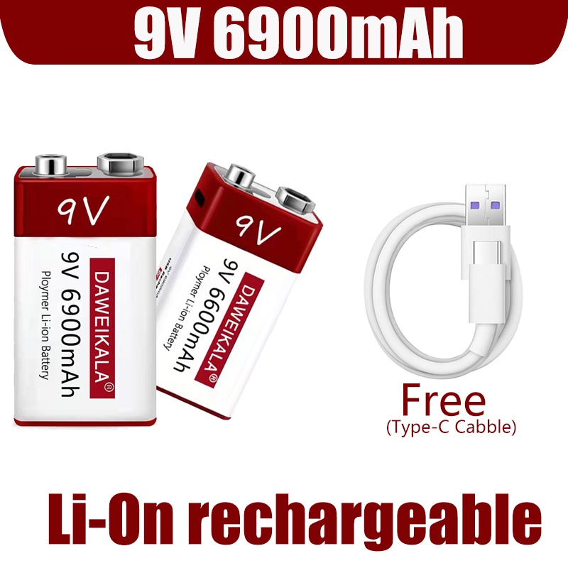 9V Battery 6900mAh li-ion Rechargeable battery Type-C Batteries 9v USB ...