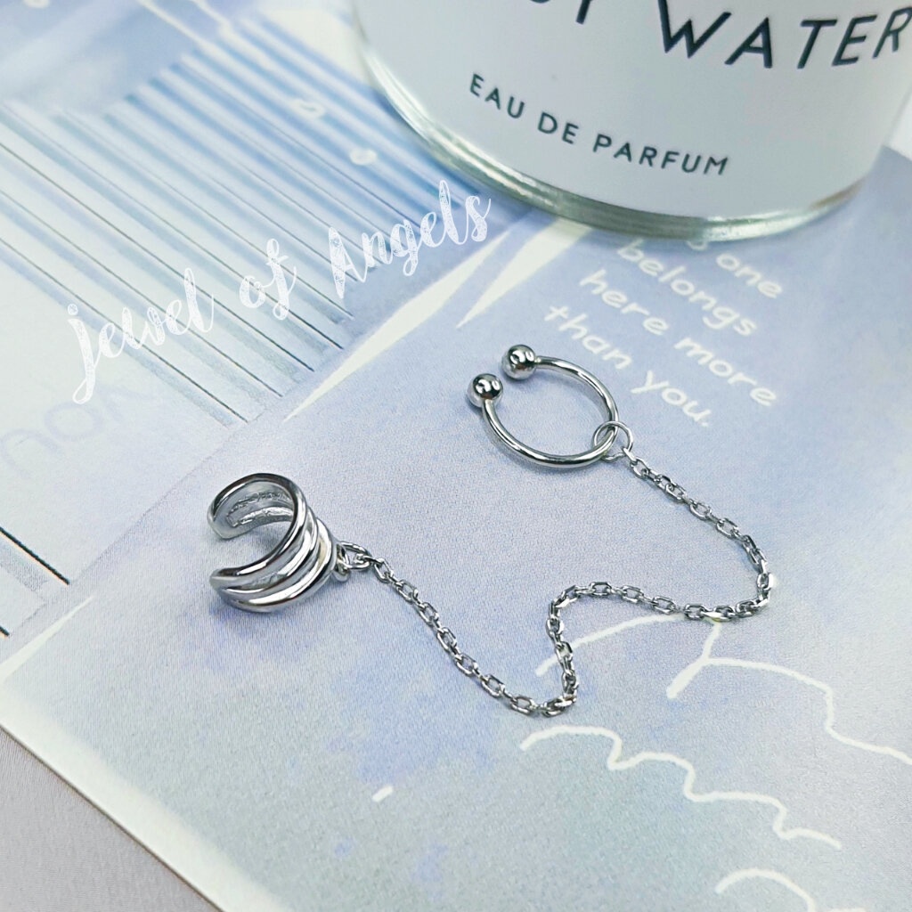 ต่างหูหนีบ Ear Cuff รุ่น Clound เงินแท้S925 ต่างหูคลิปหนีบห่วงและ3แฉก แต่งโซ่ สีเงิน Silver925 ...