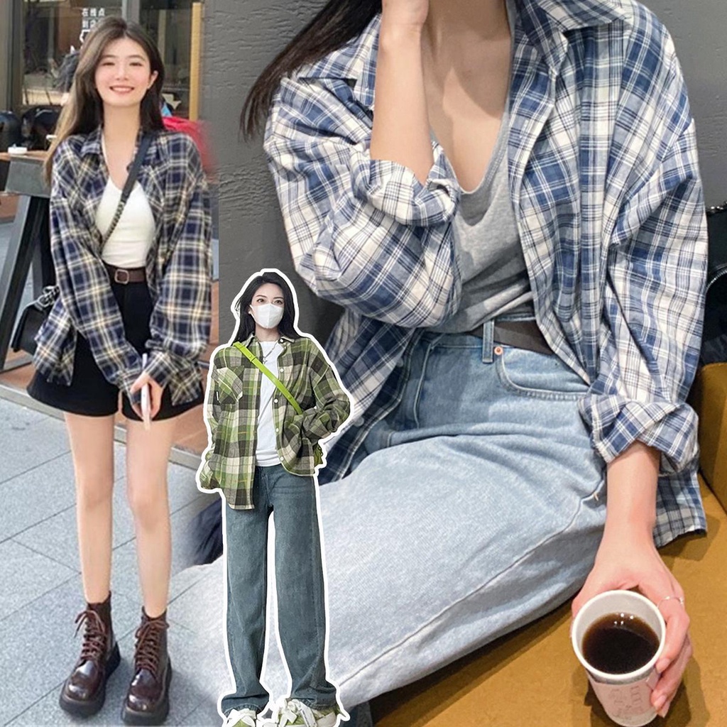 MIMI&DIDI เสื้อเชิ้ตแขนยาว เสื้อลายสก๊อตแฟชั่นผู้หญิง วินเทจ สไตล์เกาหลี แจ็คเก็ตกันแดด หลวม ...