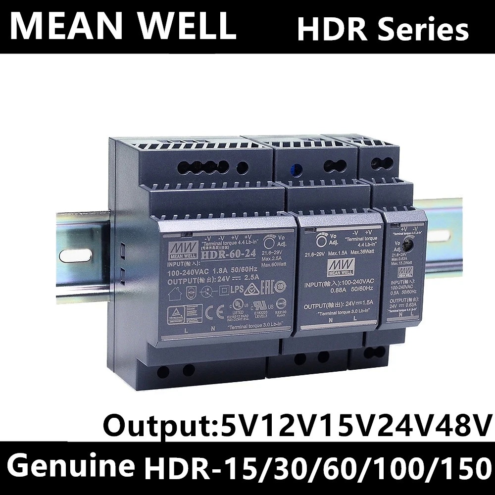 Original Mean Well HDR-15 30 60 100 150 series DC 5V 12V 15V 24V 48V ...