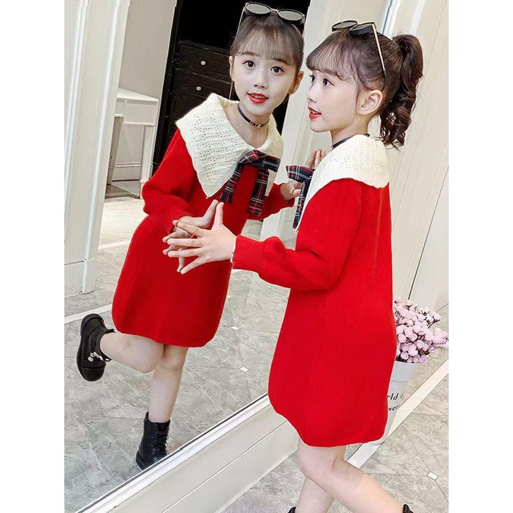 G159 (ขนาด 110-160) เดรสลูกสาวสีแดงบุผ้าสำลีนุ่มนิ่มทั้งตัว คอปกขาวและ ...