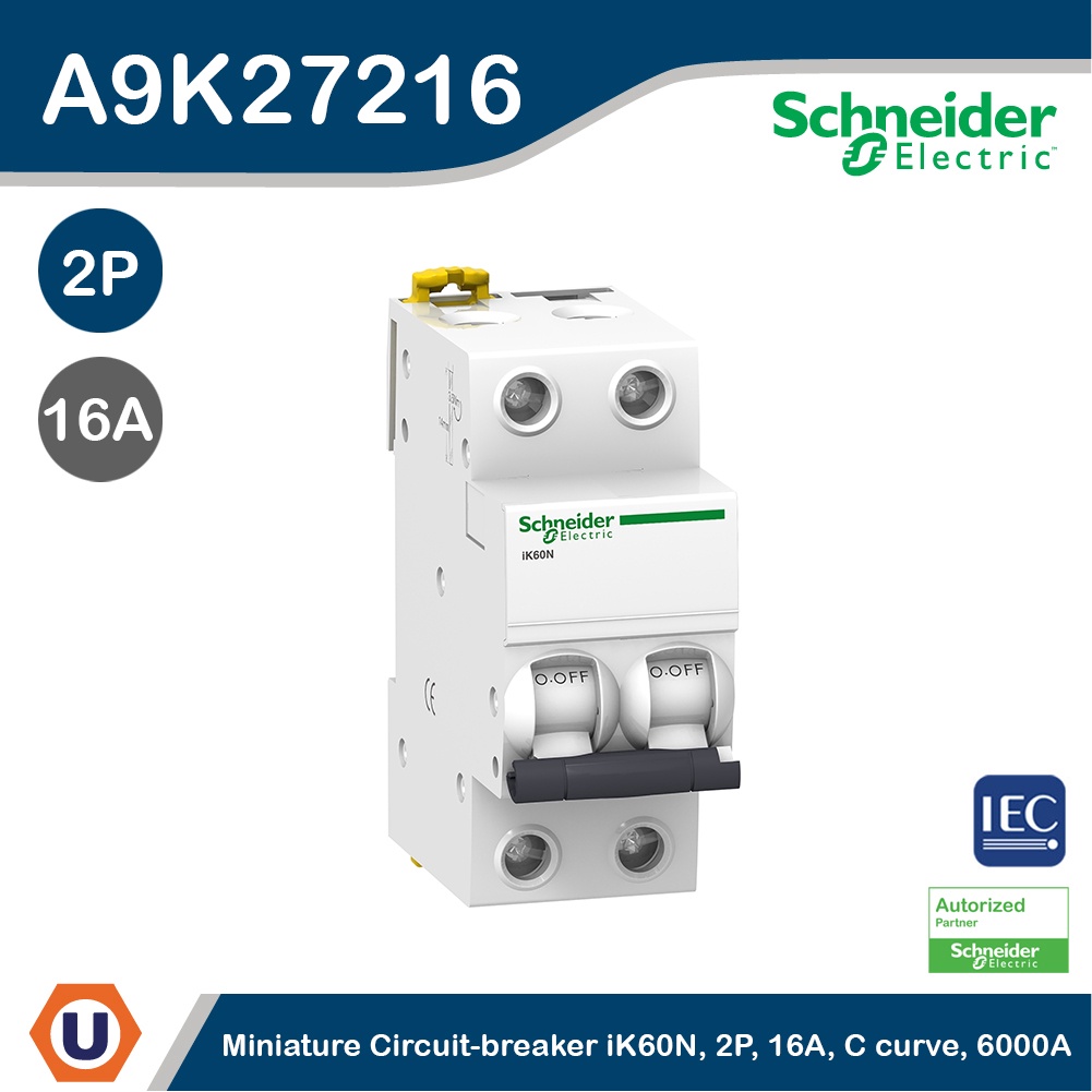 Schneider Electric - Miniature circuit-breaker, Acti9 iK60N, 2P, 16 A, C curve, 6000 A , 6kA ...