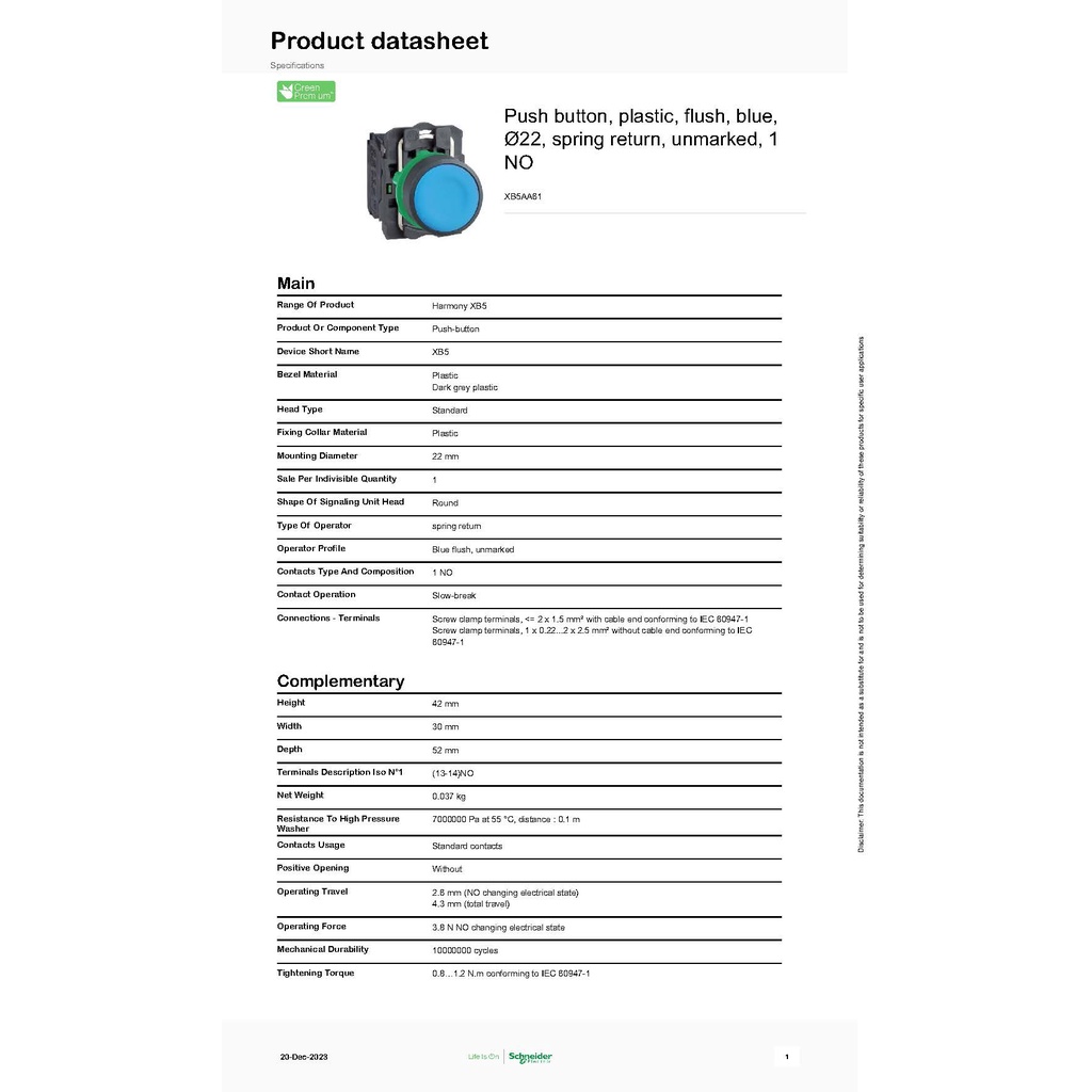 Schneider Push button, Harmony XB5, plastic, flush, blue, 22mm, spring ...