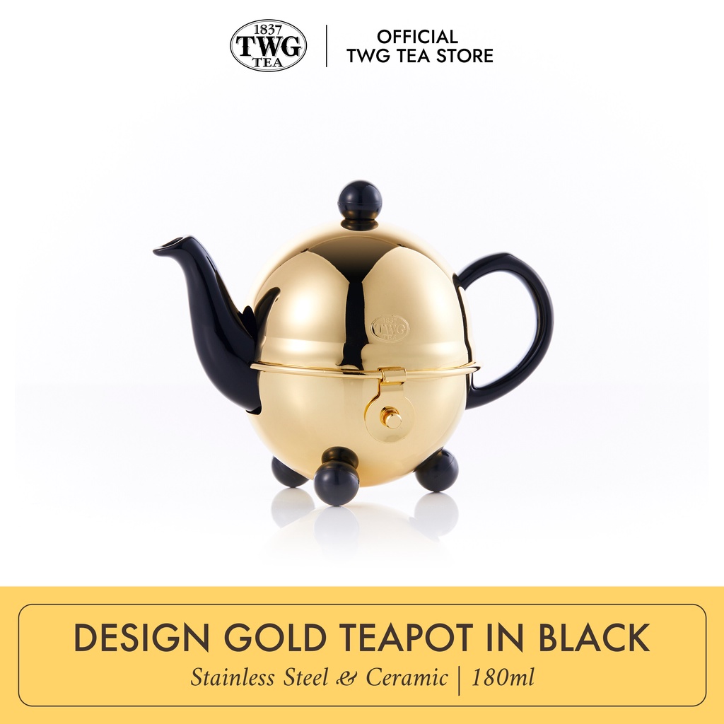 TWG Tea | Design Gold Teapot in Black Ceramic with Polished 30 Micron Gold Plated Warmer 180ml ...