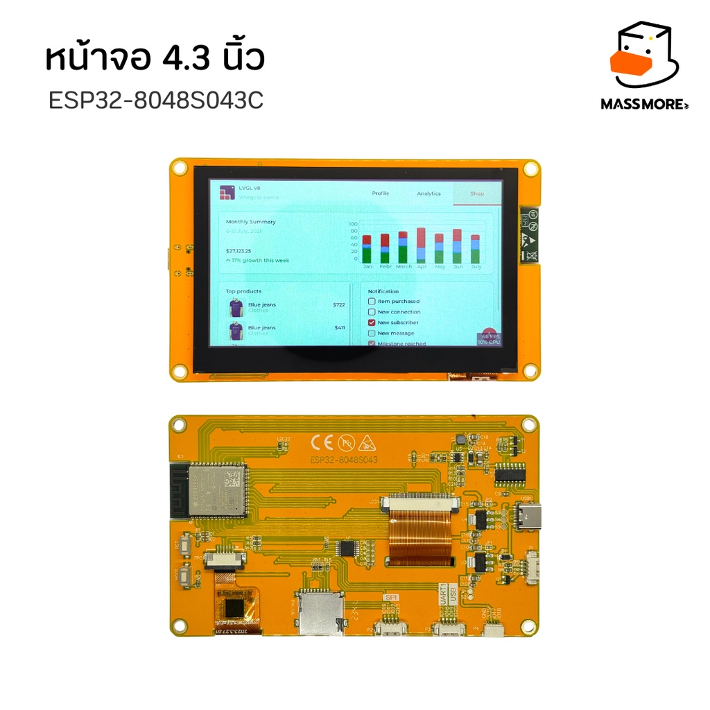 ESP32-8048S043 หน้าจอสัมผัส 4.3 นิ้ว ESP32S3 LCD Parallel 480x272 Touch GT911 รองรับ LVGL ...