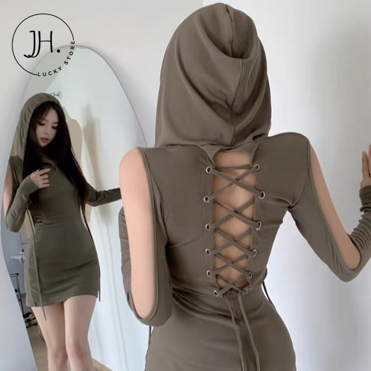 JH.lucky ชุดเดรสแขนยาว เดรสสั้นเว้าหลัง มีฮู้ด โชว์ไหล่ มีสองสี ผ้ายืดตามตัว แนวเซ็กซี่ ฮิตมากใน ...