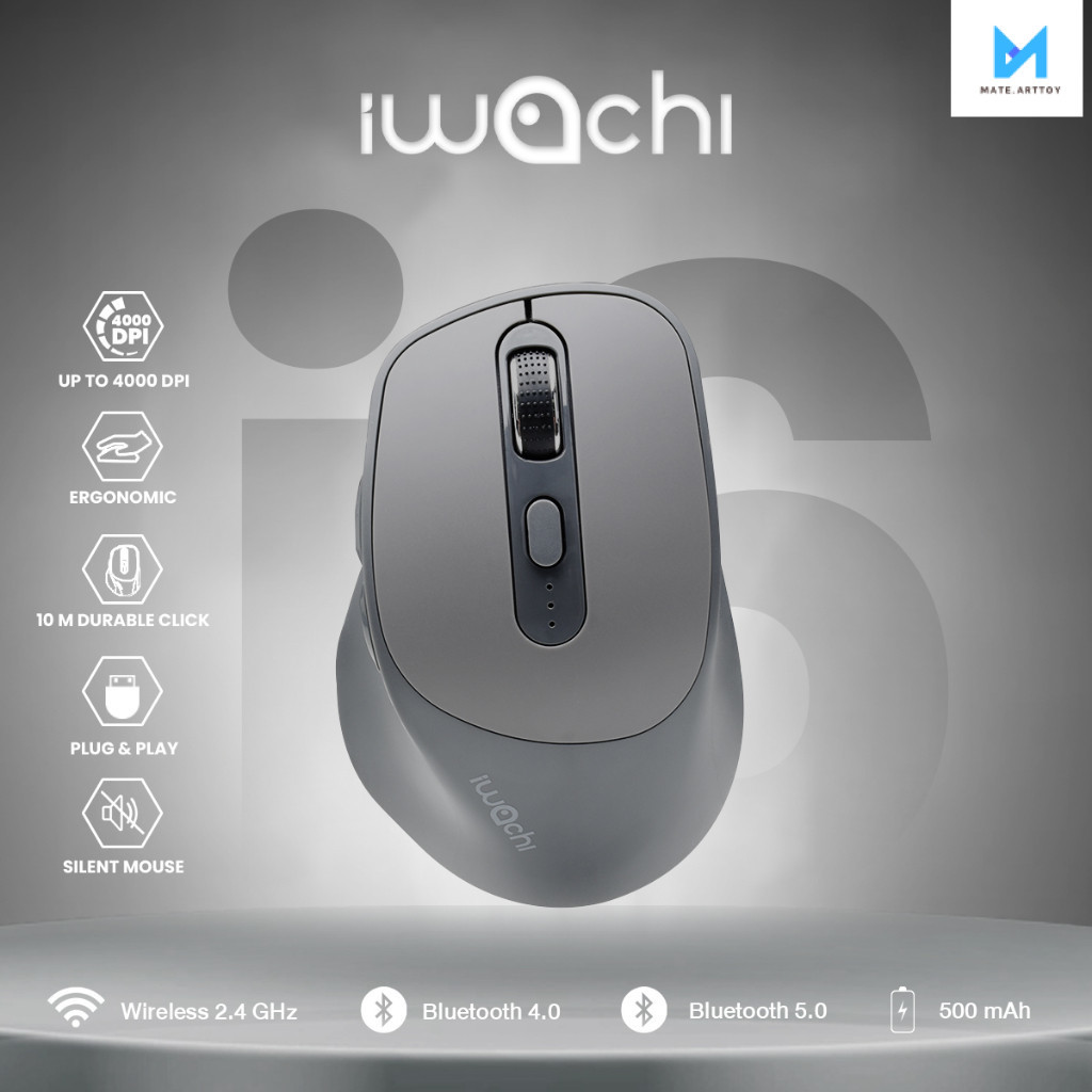 เมาส์ไร้สาย IWACHI i6 สีเทา สามารถใช้งานได้หลายอุปกรณ์ ไม่มีเสียงรบกวน สามารถชาร์จแบตได้ ...