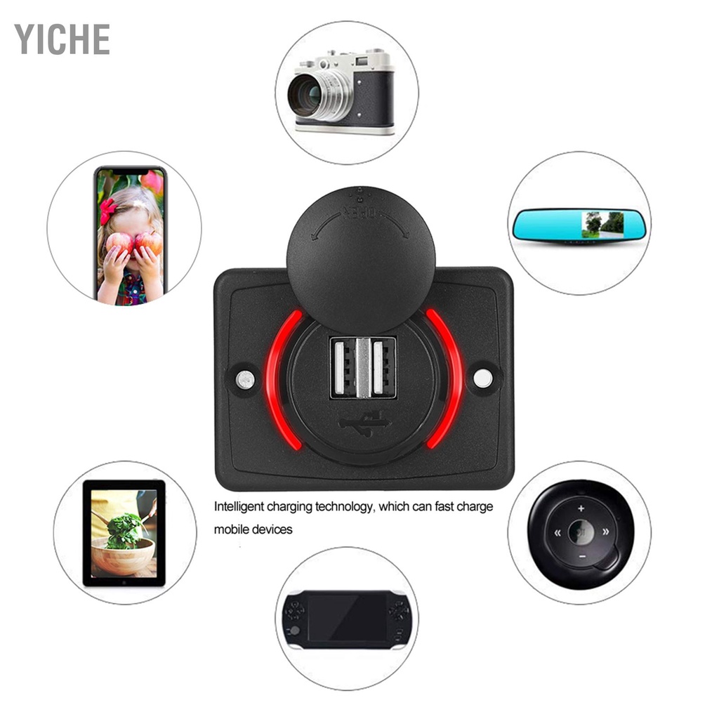 YiChe 3.1A DC12V/24V สีดำ รถ พอร์ต USB คู่ที่ชาร์จไฟปลั๊กไฟพร้อม LED | Shopee Thailand