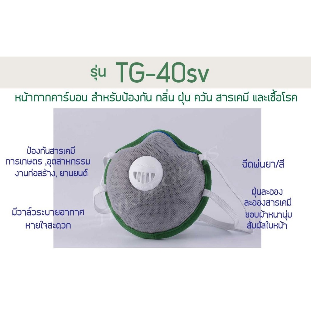 หน้ากากTG-40SV แมสค์คาร์บอนปั้มขั้นรูปป้องกัน กลิ่น ฝุ่น ควัน สารเคมี และเชื้อโรค แมสค์มีวาล์ว ...