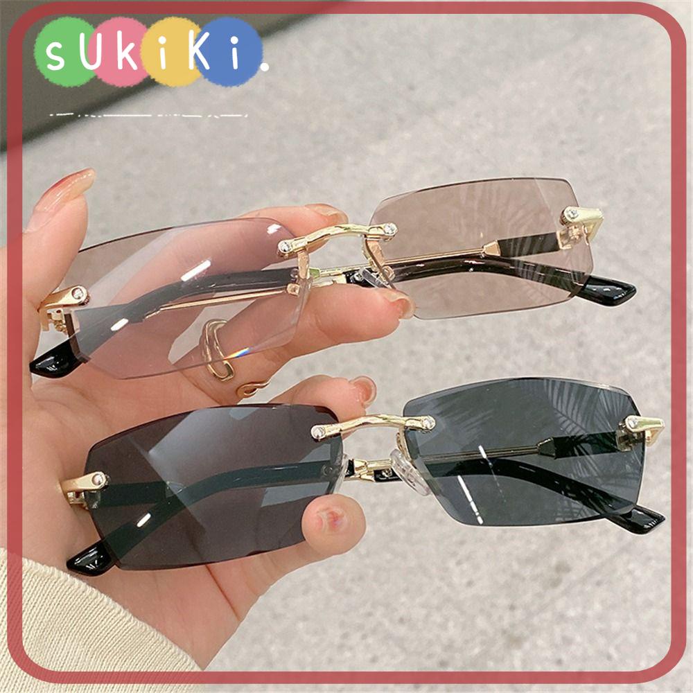 Sukiki แว่นตากันแดด ทรงสี่เหลี่ยมผืนผ้า ไร้ขอบ UV400 Y2K สไตล์เรโทร สําหรับผู้หญิง และผู้ชาย ...