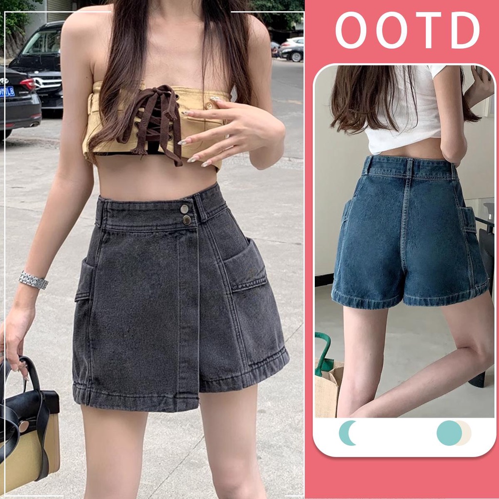 mimi&didi กระโปรงยีนส์สั้น Y2K กางเกงกระโปรงยีนส์เอวสูงทรงเอ สไตล์เกาหลี แมตย์ง่ายมาก แฟชั่นฤดู ...