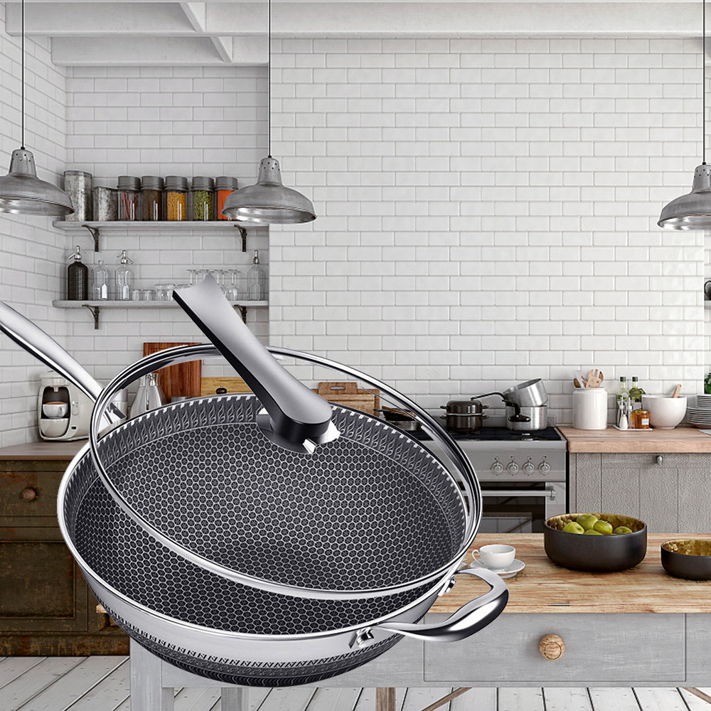 LOCAL New Non-stick Pan Double-sided Honeycomb 304 Stainless Steel Wok Without Oil Smoke Frying ...