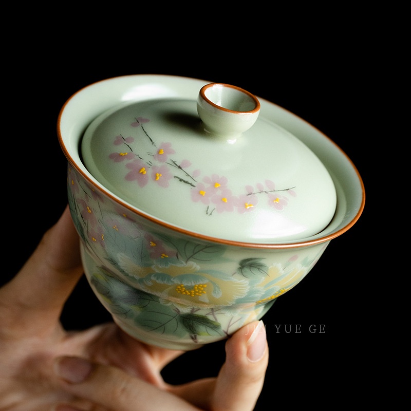Secret Yellow Ru Kiln Ercai Gaiwan ดอกไม้นกรูปแบบไม่ร้อนสไตล์จีนชามชา ...