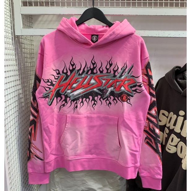 พร้อมส่ง เสื้อกันหนาว มีฮู้ด ทรงหลวม พิมพ์ลาย High Street Hellstar ขนาดใหญ่ สีชมพู สําหรับ ...