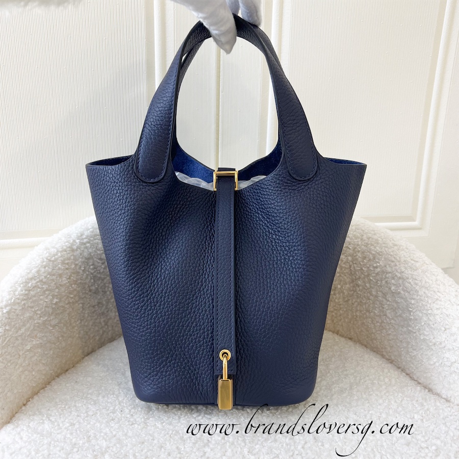 อุปกรณ์ล็อคหนัง Hermes Picotin Lock 18 in Bleu Nuit Clemence GHW ...