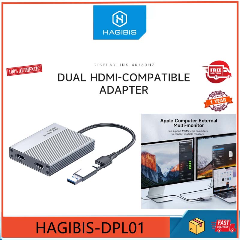 Hagibis อะแดปเตอร์หน้าจอ DPL01 4K USB-C USB 3.0 เป็น HDMI คู่ สําหรับ ...