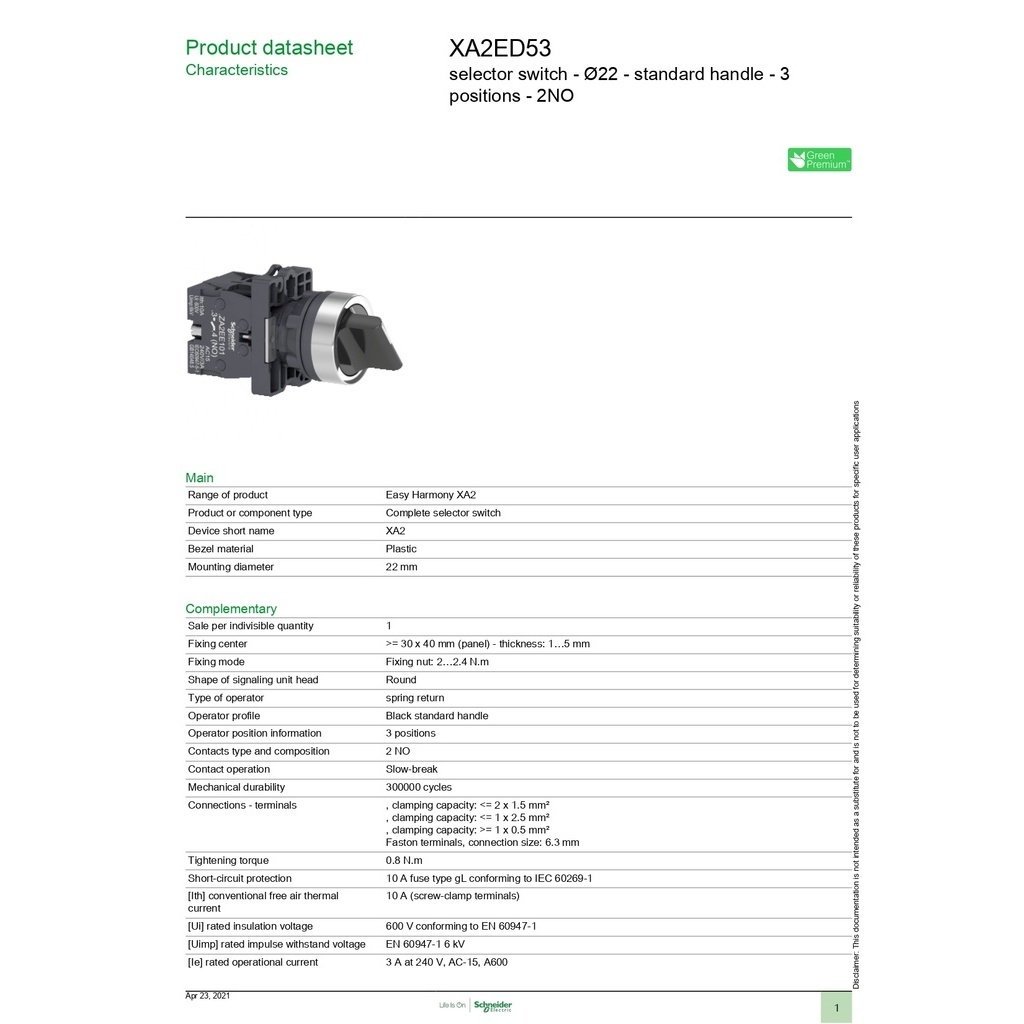 Schneider Electric - Selector switch , ขนาด 22 mm, 3 ตำแหน่ง, แบบ ...