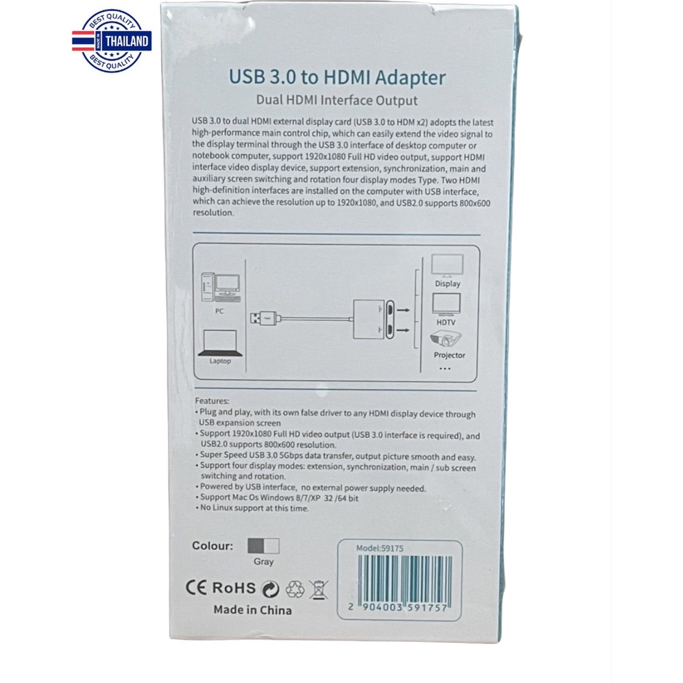 USB 3.0 Dual HDMI อะแดปเตอร์ USB To HDMI จอภาพแ Dual Display Adapter สำ ...