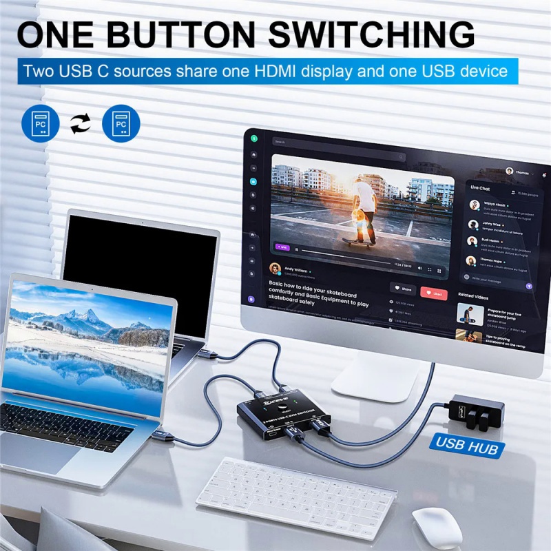 KVM USB Switch Selector 2 In 2 Out Switcher Type C Laptop Computer ...