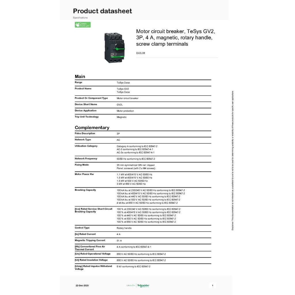 Schneider Electric - Motor circuit breaker แบบลูกบิด,TeSys GV2, 3P, 4 A ...