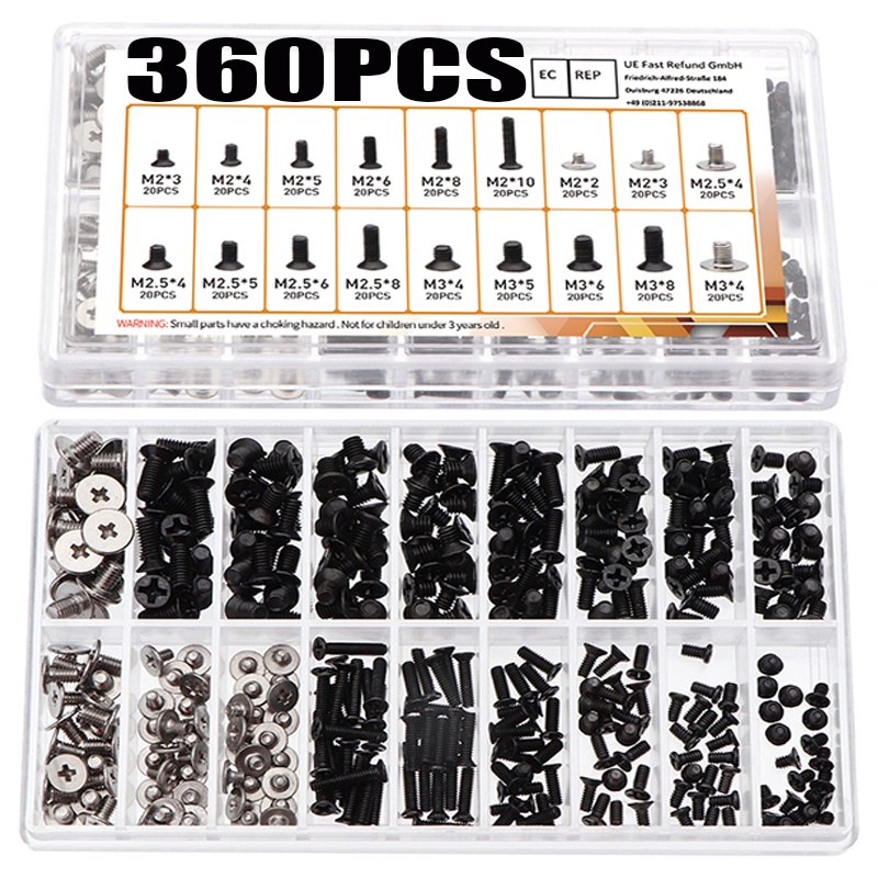 M2 M2.5 M3 360pcs Black/Silvery Notebook Screws Kit Flat Head Screws ...