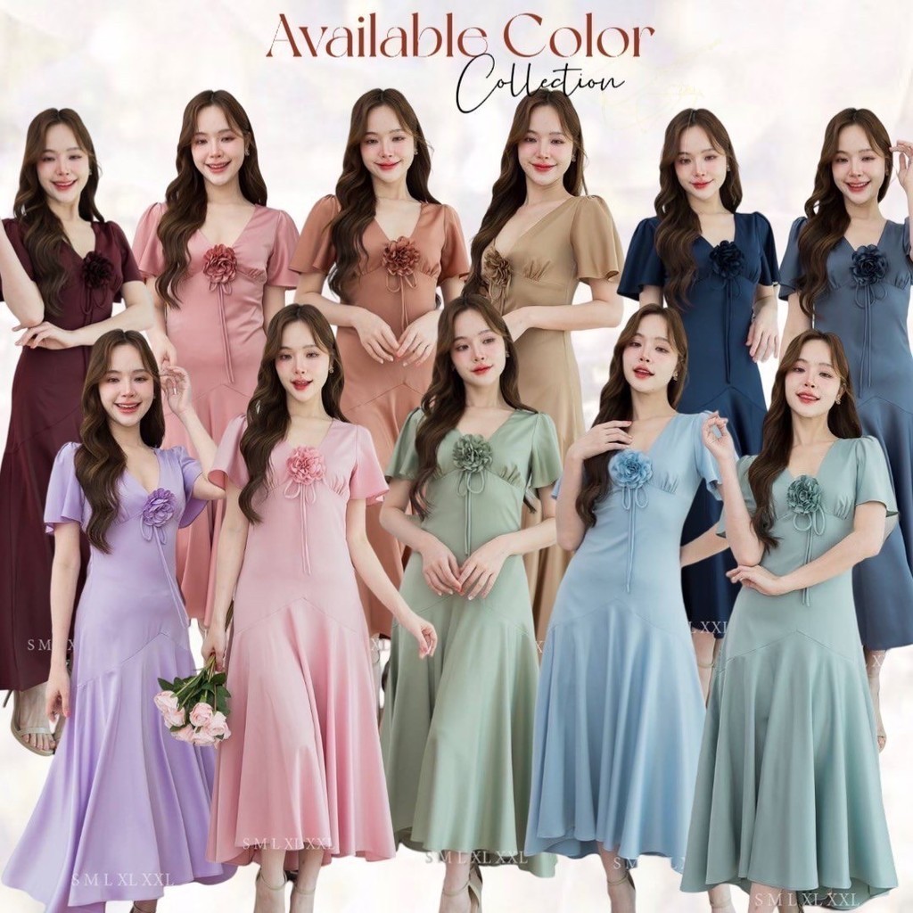 ชุดไปงานแต่งงาน ชุดเดรส ชุดราตรี TP051 ผ้าเครปซาติน เดรสยาว แขนสั้น กระโปรงยาว ดอกไม้ Woman ...