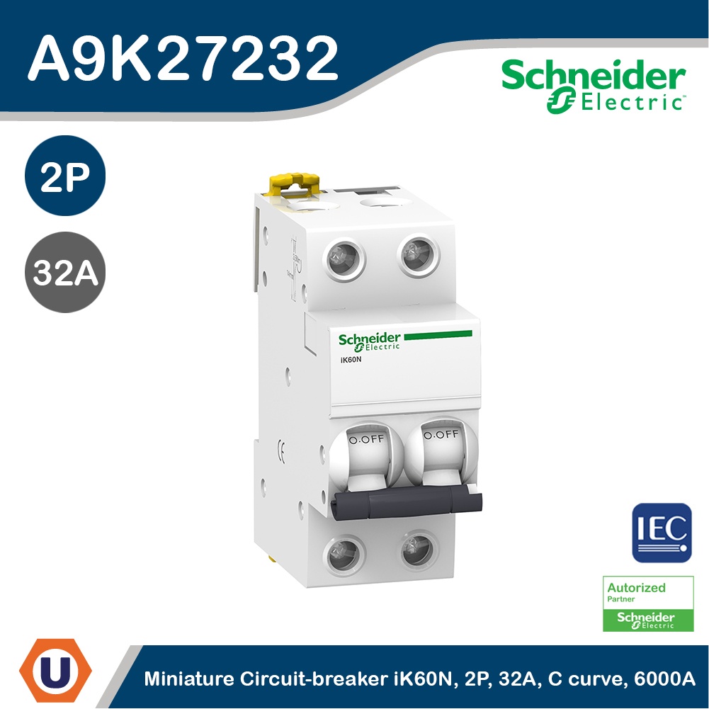 Schneider Electric - Miniature circuit-breaker, Acti9 iK60N, 2P, 32 A, C curve, 6000 A, 6kA ...