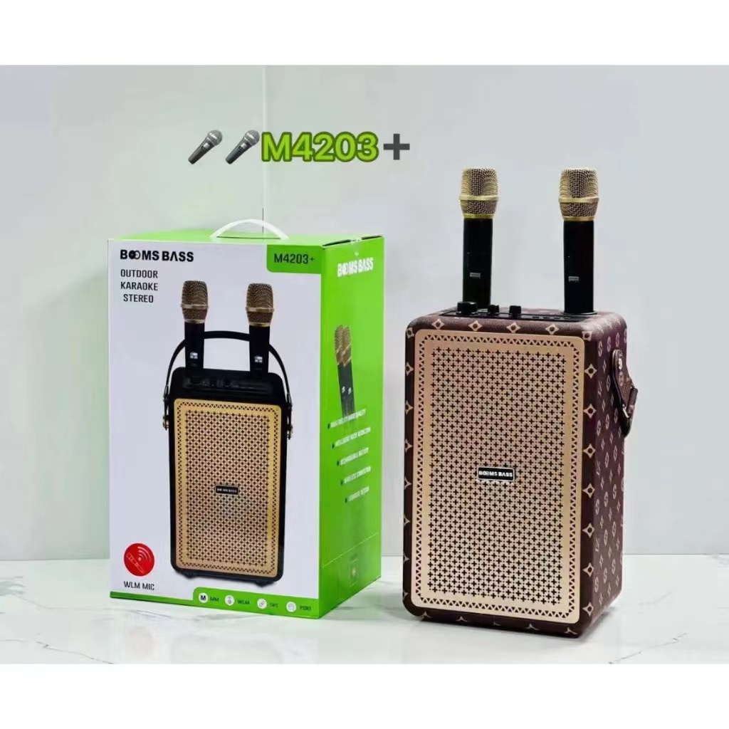 M4203+ลำโพงบลูทูธ มาพร้อมกับไมค์โครโฟรไร้สาย(ไมค์ลอย)2ตัว ดีไซน์หนัง ...